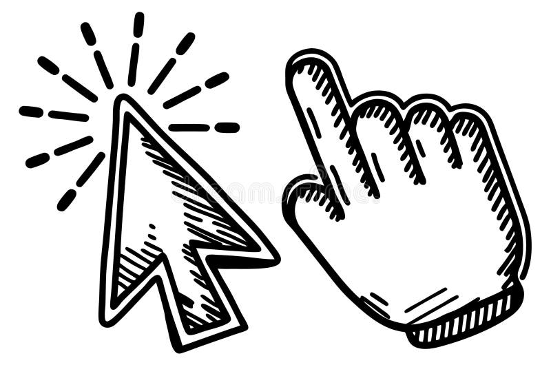 Hand Drawn Computer Cursor Arrow and Pointing Hand Icon Black and White ...