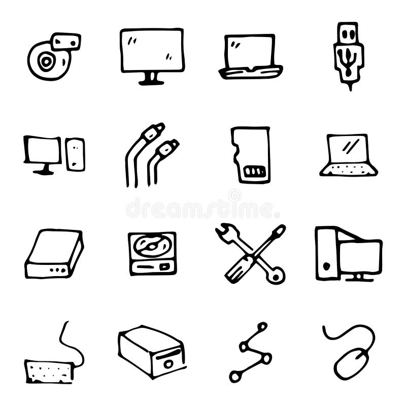 Hand Drawn Computer Icons Set Stock Vector - Illustration of electronic ...