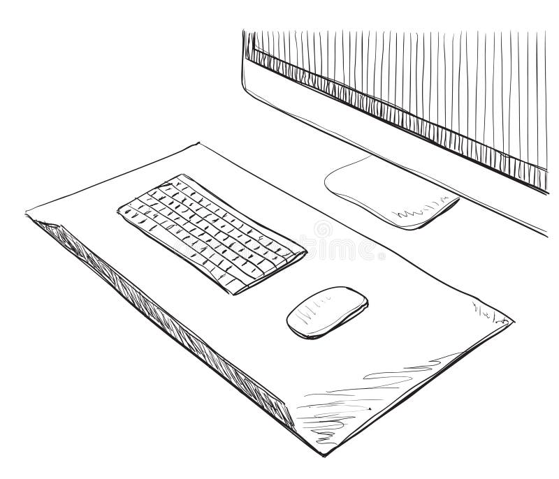 Hand Drawn Computer Screen and Keyboard Stock Vector - Illustration of ...