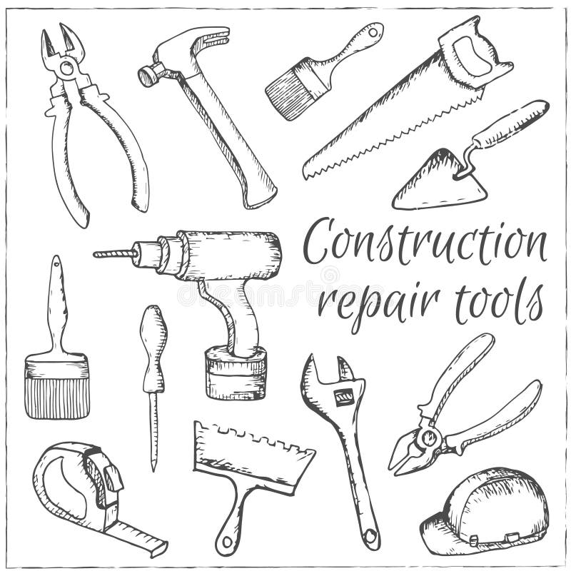 Hand Drawn Construction and Repair Tools Set . Stock Vector ...