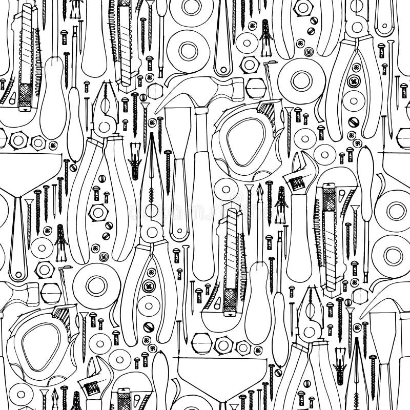 Hand Drawn Construction Tools Pattern Stock Vector - Illustration of ...