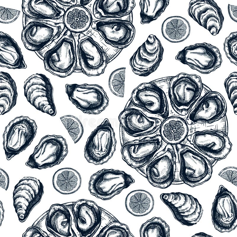 Hand Drawn Cooked Oysters on Platter with Lemon Seamless Pattern ...