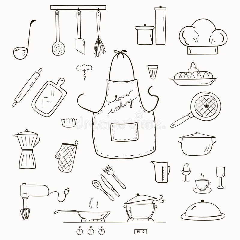 Cooking set stock vector. Illustration of doodle, drawing - 195618474