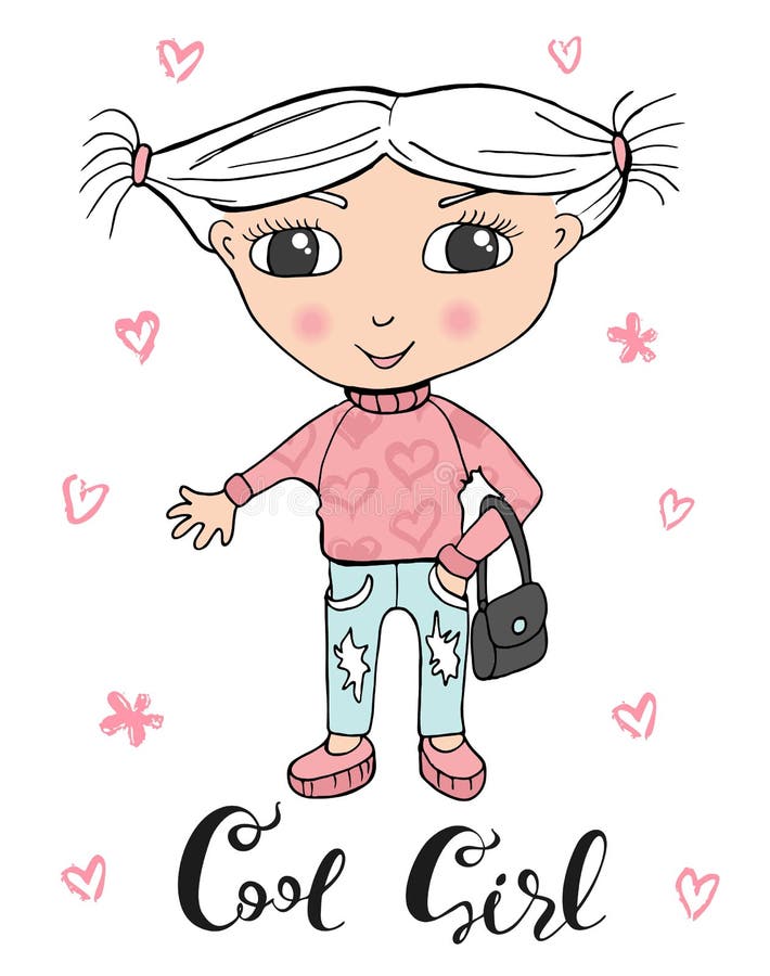 Hand Drawn Cool Cute Girl. Vector Illustration. Stock Illustration ...