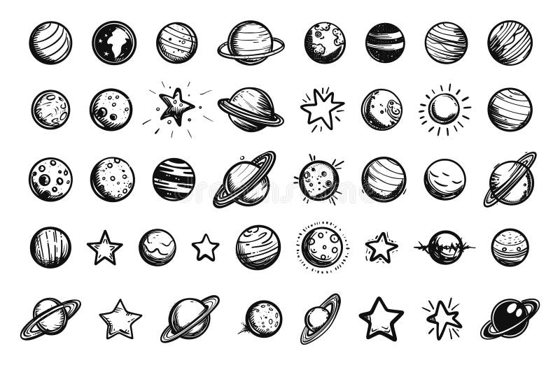 Hand-Drawn Cosmic Elements. Set of Doodle Icons Featuring Planets ...