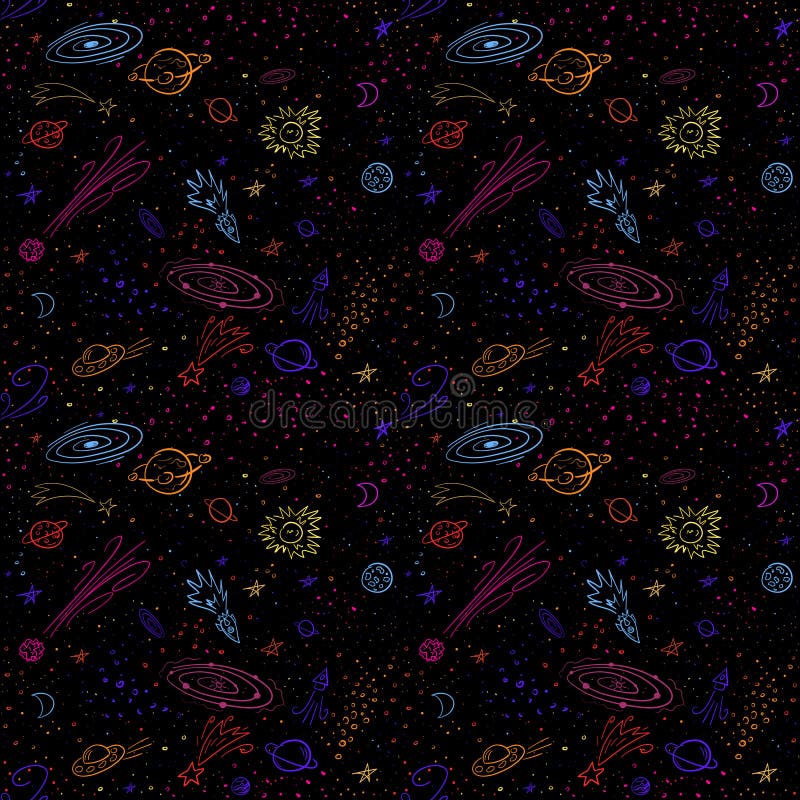 Hand Drawn Cosmic Seamless Pattern. Doodles Endless Backdrop. Colored ...