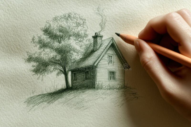 Hand Drawn Cottage Sketch with Tree - Minimalistic Artistic Design for ...