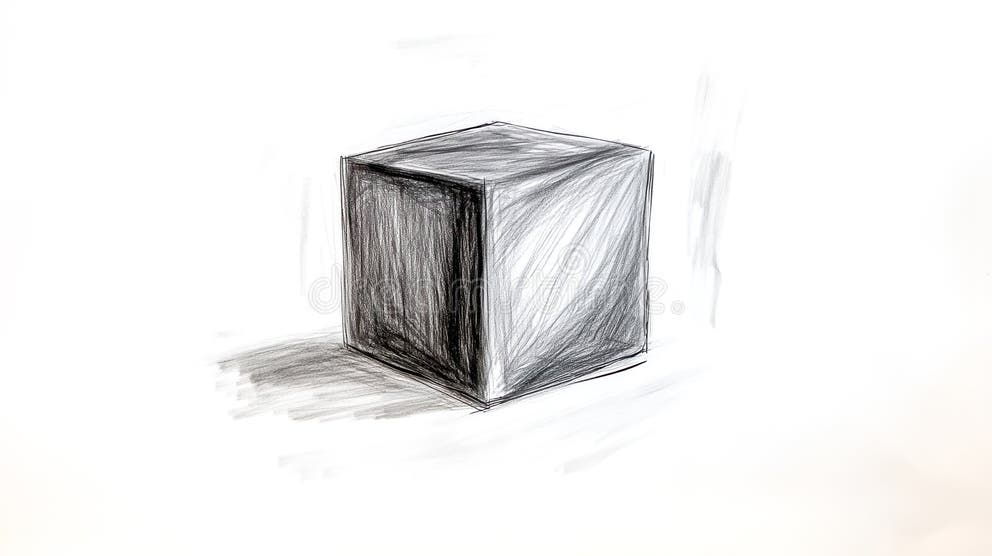 Pencil Sketch of a Cube Casting a Shadow on White Background Stock ...
