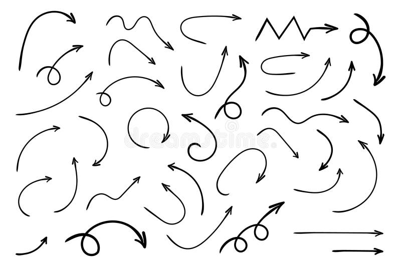 Hand Drawn Curved Arrows . Sketch Doodle Style. Collection of Pointers ...