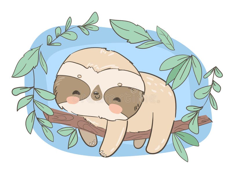 Hand Drawn Cute Animal Sloth on the Tree Vector Illustration Stock ...