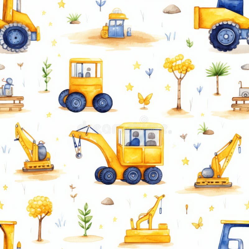Hand Drawn Cute Baby Toy Construction Equipment Seamless Pattern for ...