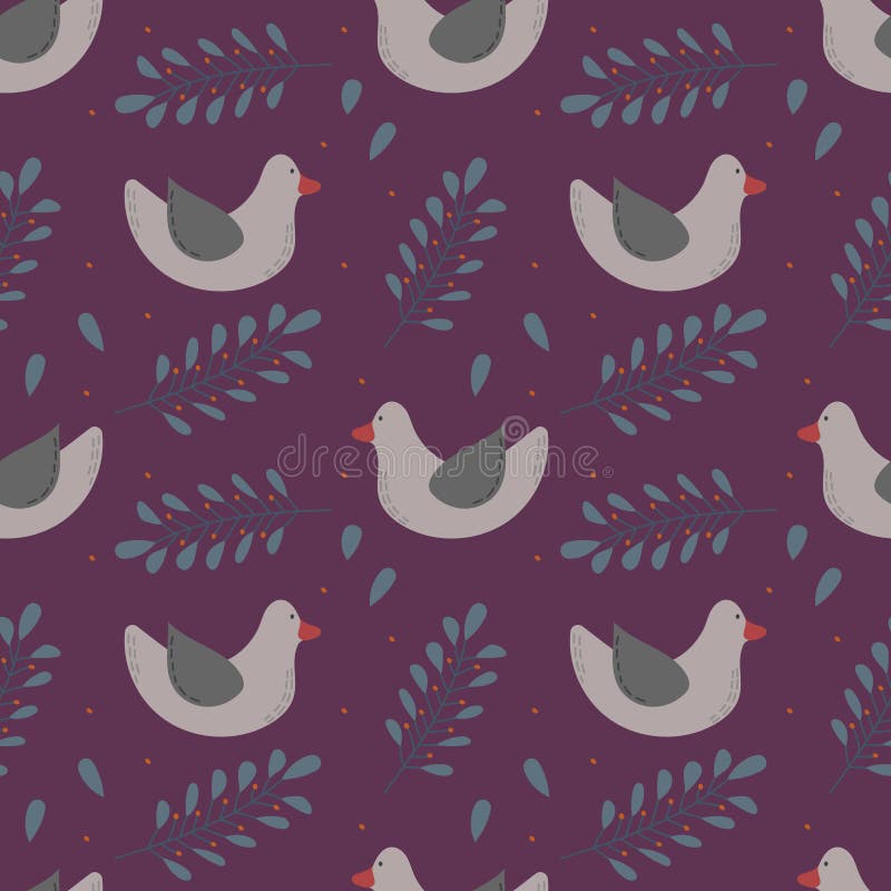 Hand Drawn Cute Bird Seamless Pattern Isolated on Purple Background ...
