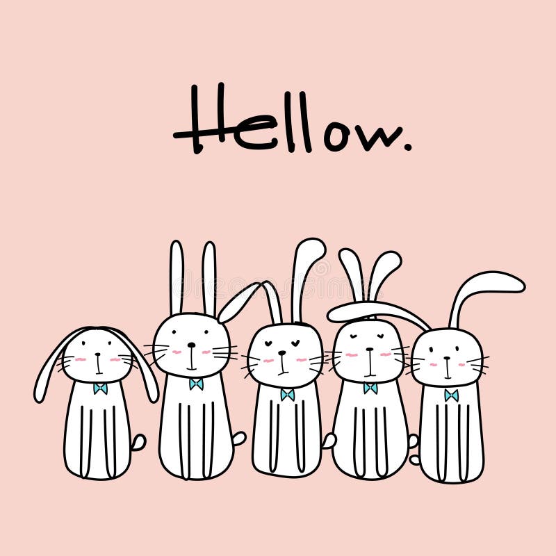 Hand Drawn Cute Bunnies with Say Hello. Stock Vector - Illustration of ...