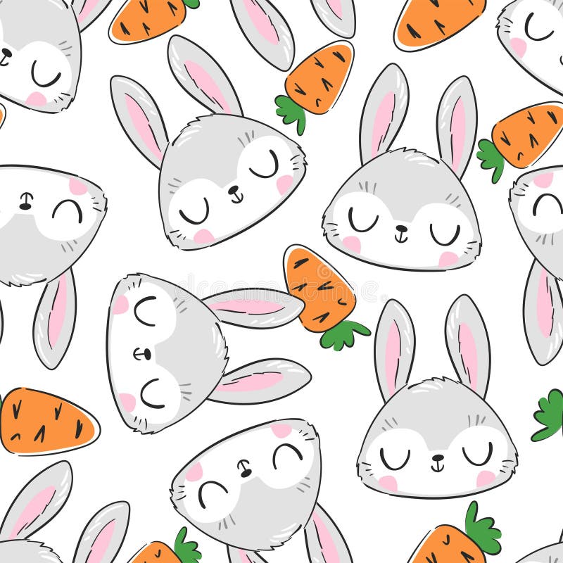 Hand Drawn Cute Bunny and Carrots Pattern, Print Design Rabbit ...