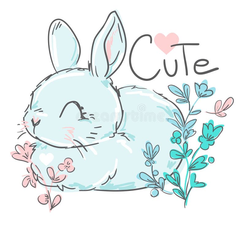 Hand Drawn Cute Bunny and Flowers. Vector Illustration. Rabbit Stock ...