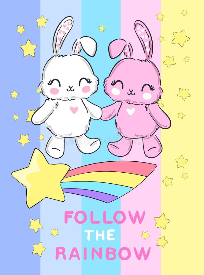 Hand Drawn Cute Bunny and Rainbow, Kids Design Rabbit Vector ...