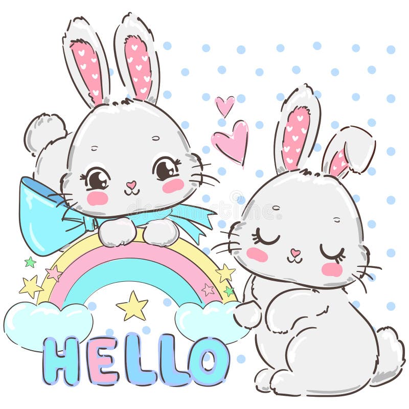 Hand Drawn Cute Bunnys and Rainbow Vector Illustration Print Design ...