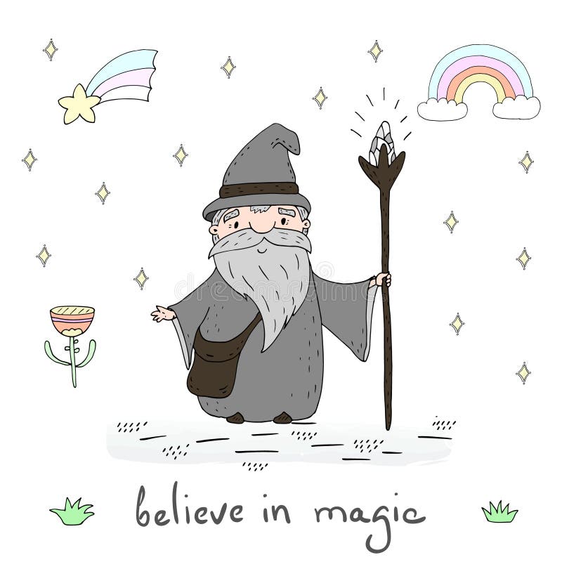 Hand Drawn Cute Cartoon Wizard. Vector Print Stock Vector ...