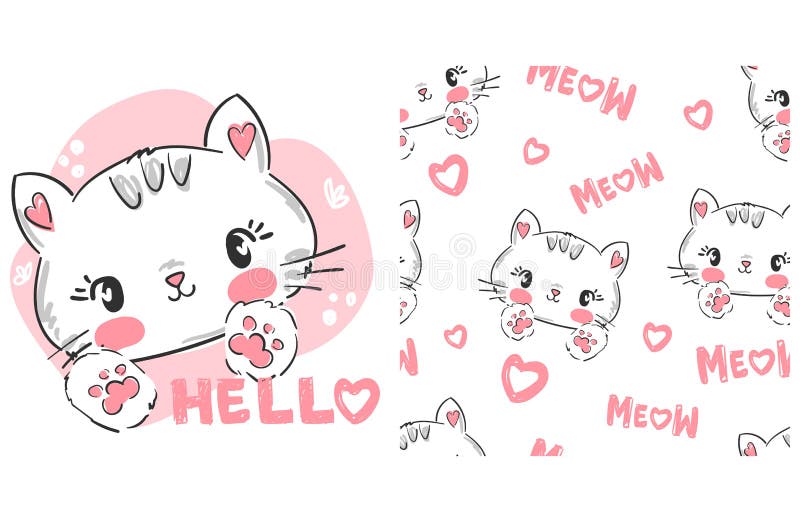Hand Drawn Cute Cat Vector Illustration Seamless Pattern, Children ...
