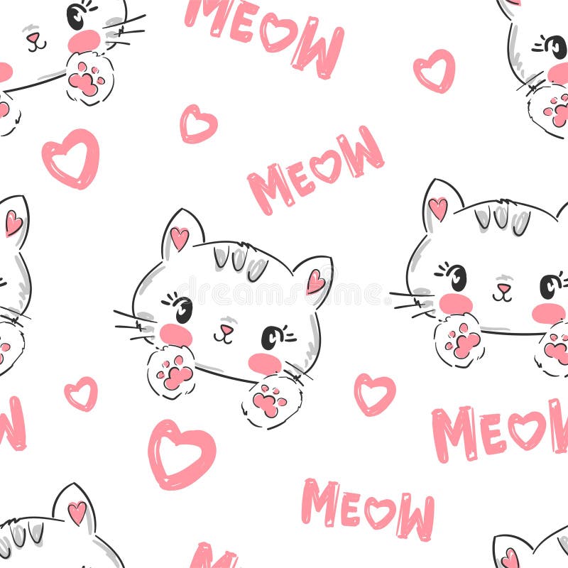 Hand Drawn Cute Cat Vector Illustration Seamless Pattern, Children ...