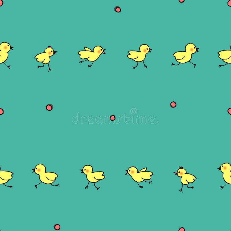 Hand Drawn Cute Chick Characters - Seamless Pattern with Birds on Green ...