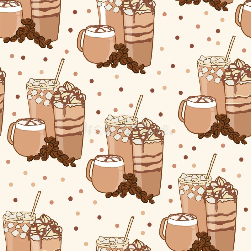 Hand Drawn Cute Different Types of Coffee Vector Seamless Pattern ...