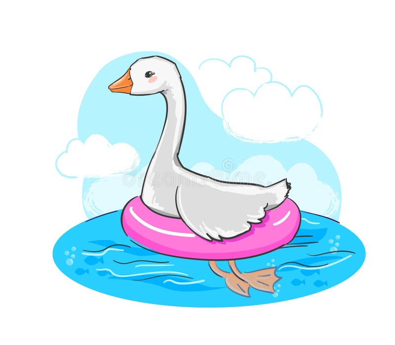 Hand Drawn Cute Goose and Swim Ring Vector Illustration Stock Vector ...