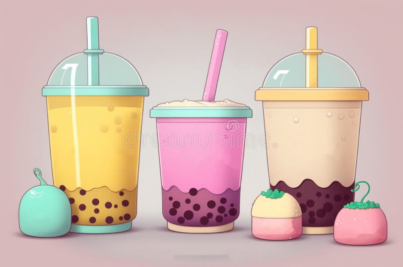 Hand Drawn of Cute Kawaii Bubble Tea Set Illustration Background Stock ...