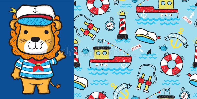 Hand Drawn Cute Lion Cartoon in Sailor Costume with Seamless Pattern ...