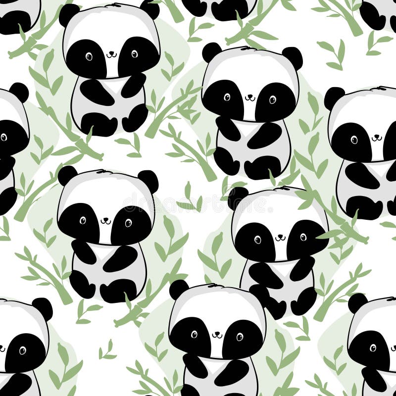Panda and Bamboo Leaves Background. Fabric with Painted Cute Bear ...