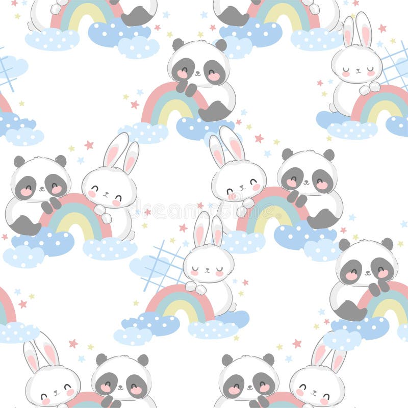 Hand Drawn Cute Panda Bear with Rainbow Seamless Pattern, Print Design ...