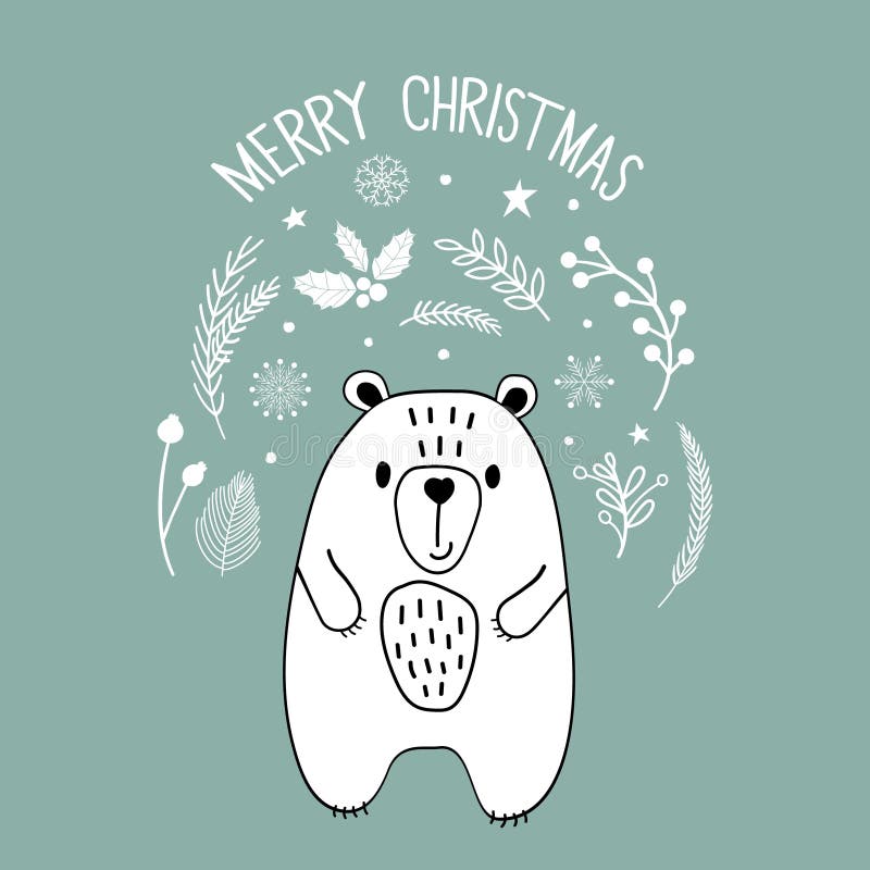 Hand Drawn Cute Polar Bear Merry Christmas Lettering Botanical Elements