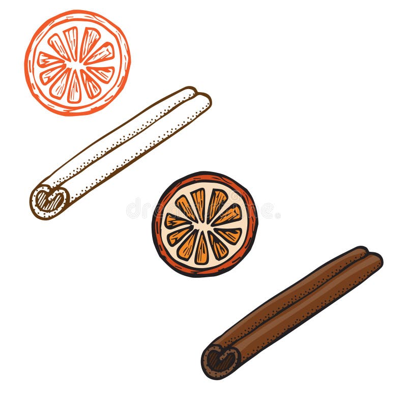 Hand Drawn Cute Set of Cinnamon and a Slice of Orange Stock Vector ...