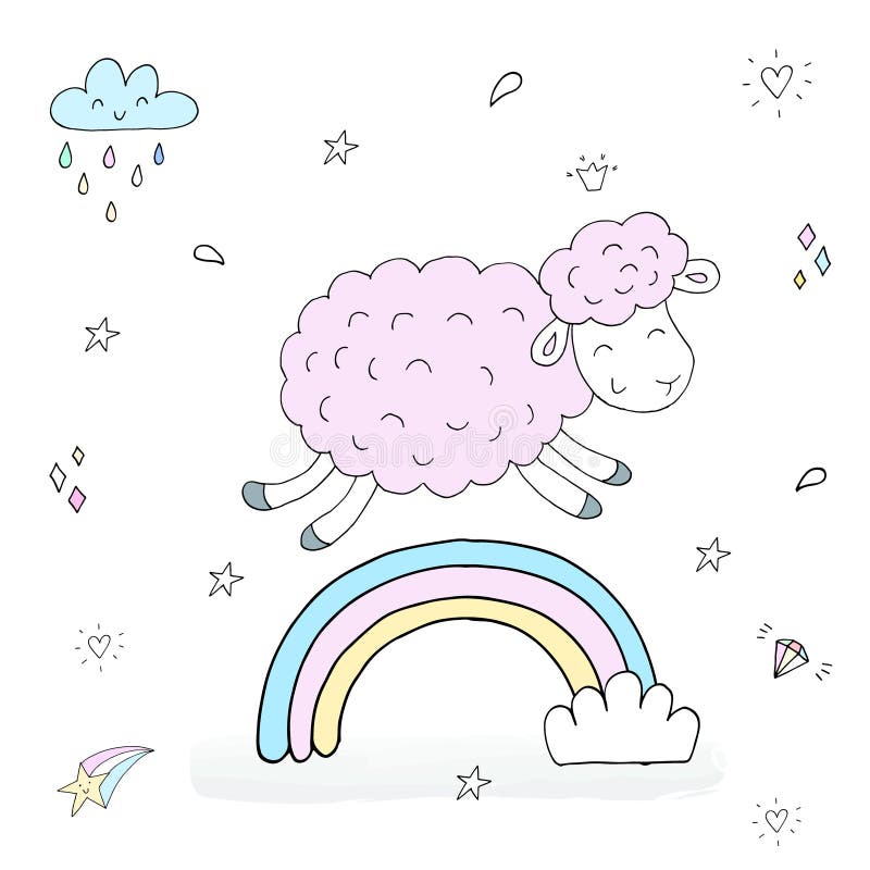 Hand Drawn with Cute Sheep . Vector Print Stock Vector - Illustration ...
