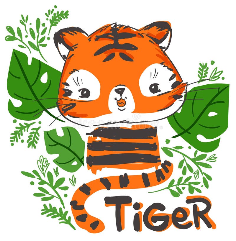 Hand Drawn Cute Tiger and Green Leaves. Vector Illustration. Stock ...