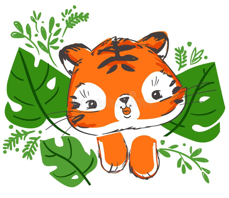 Hand Drawn Cute Tiger and Green Leaves Vector Illustration. Stock ...