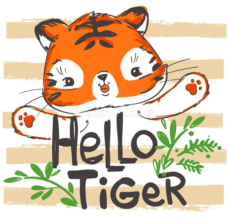 Hand Drawn Cute Tiger and Green Leaves Vector Illustration. Handwritten ...