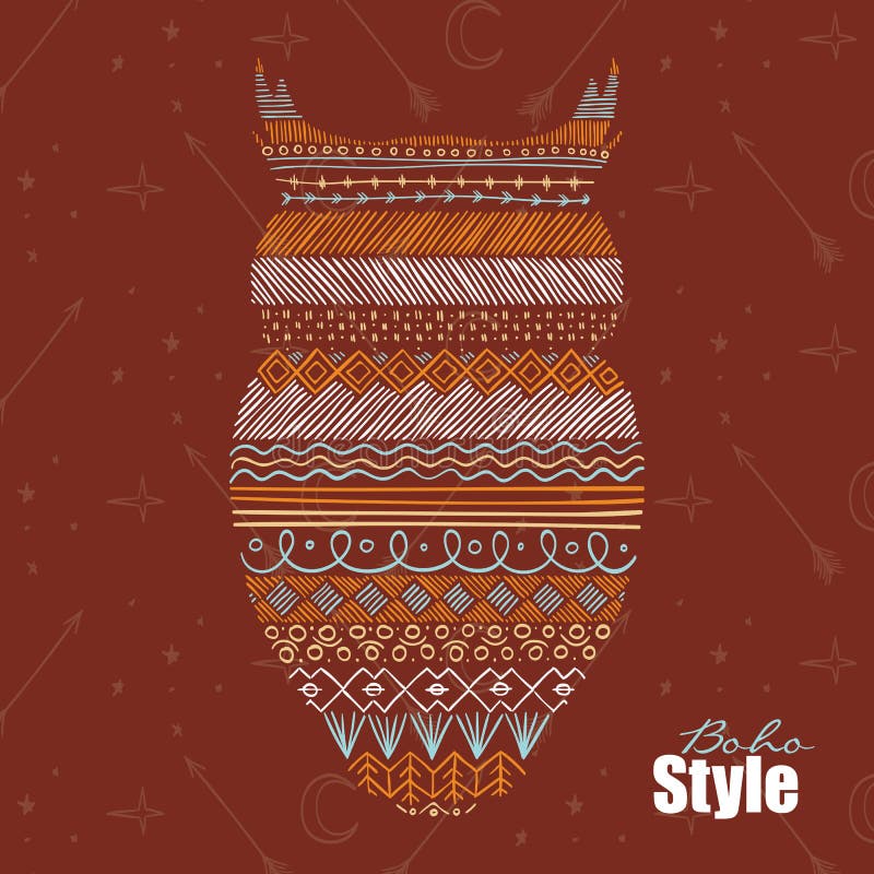 Hand Drawn Decorative Owl in Bohemian / Boho Style. Stock Vector ...