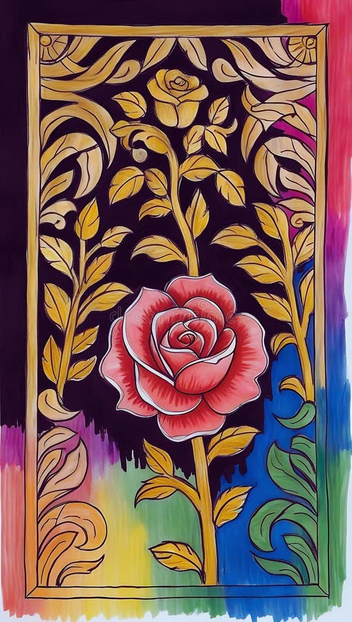 A Hand-drawn Decorative Panel Featuring a Central Red Rose Surrounded ...