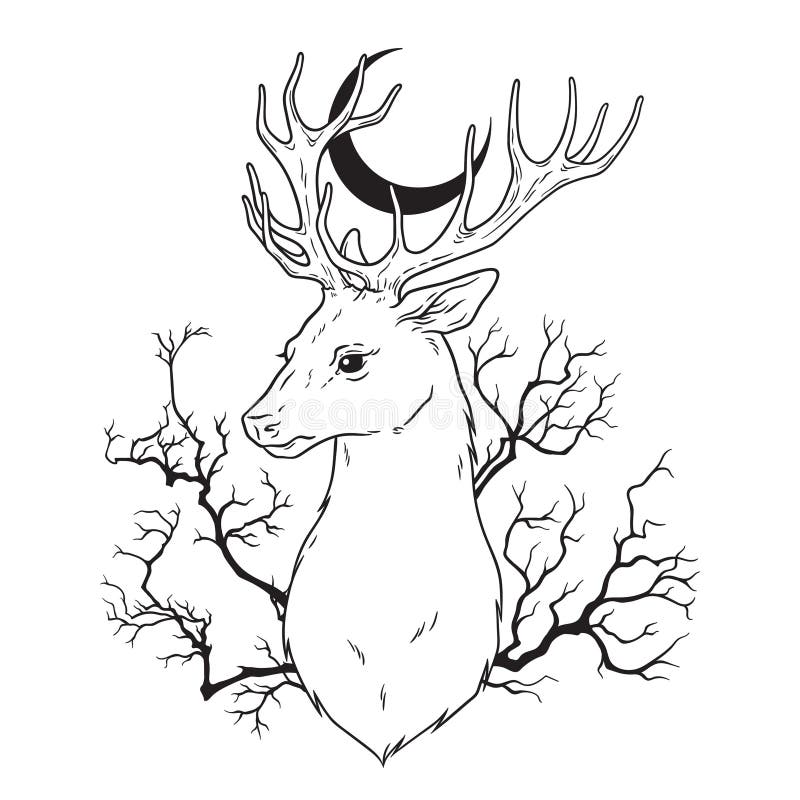 Hand Drawn Deer in the Forest with Crescent Moon Line Art and Dot Art ...