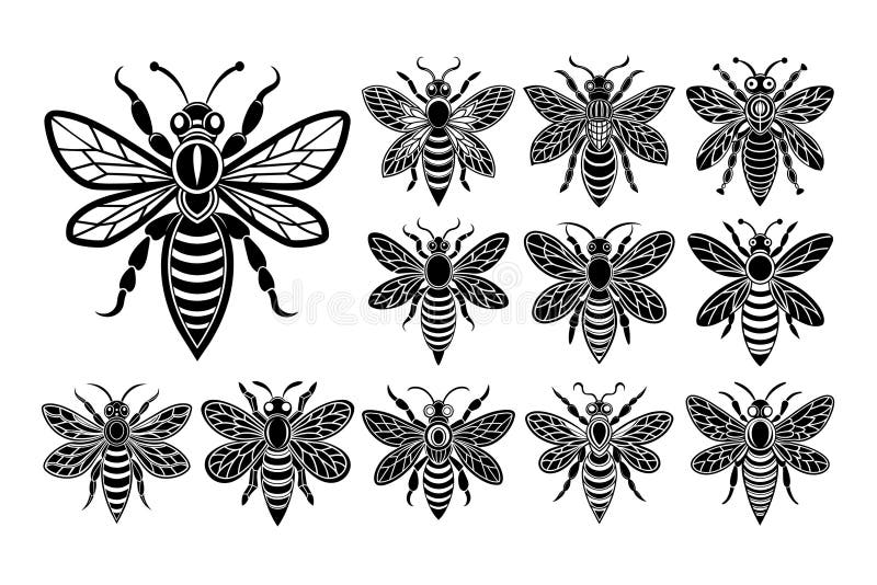 Hand Drawn Detailed Bee Insect Illustration Design Set Stock Vector ...