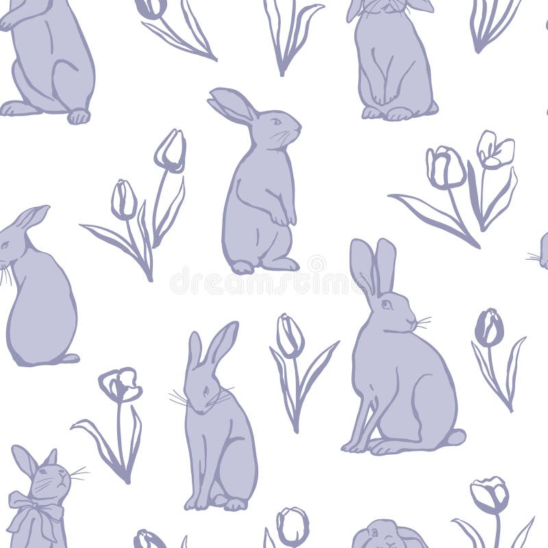 Hand Drawn Different Rabbits and Tulips on White Background Seamless ...