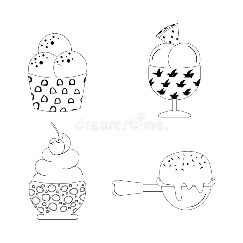 Hand Drawn Different Types of Outline Ice Cream in a Glass Doodle ...
