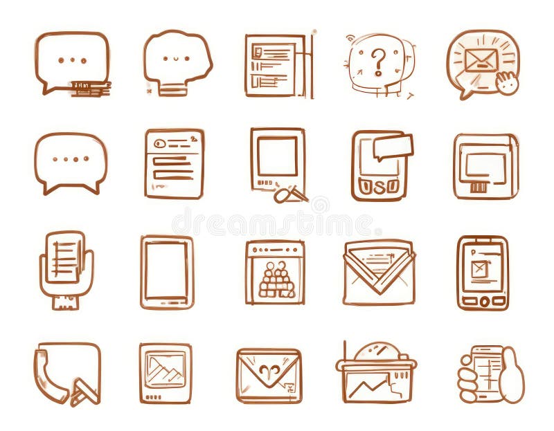 Hand-drawn Digital Communication Icons Representing Messages, Analytics ...