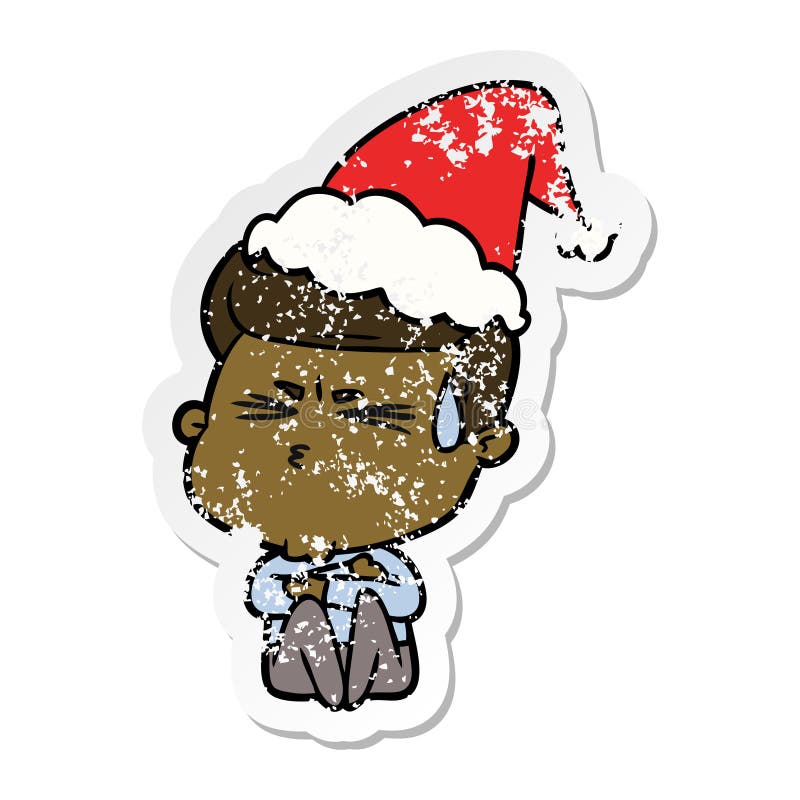 Hand Drawn Distressed Sticker Cartoon of a Man Sweating Wearing Santa ...