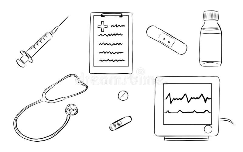 Hand drawn doctor tool set stock vector. Illustration of sketch - 108503446