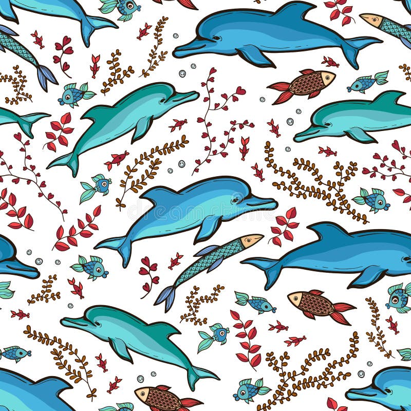 Hand Drawn Dolphin Fish Pattern Stock Vector - Illustration of fish ...