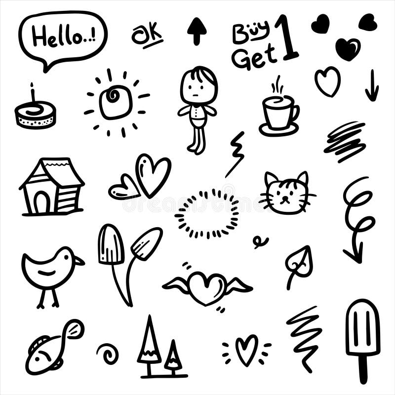 Hand Drawn Doodle Abstract of Black Thin Line Set Include of Objects ...