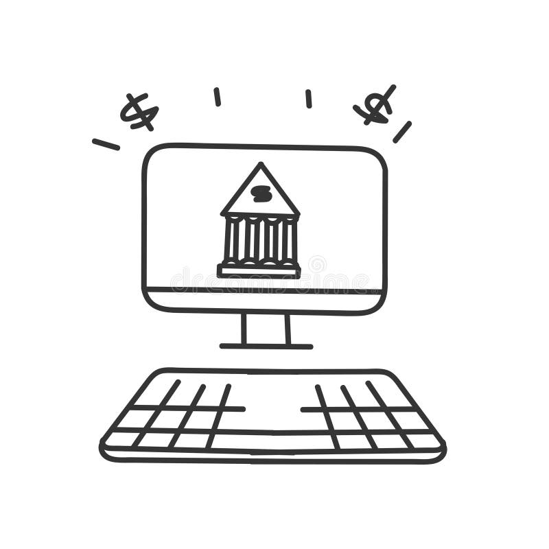 Hand Drawn Doodle Bank Building on Computer Laptop or Mobile Phone ...