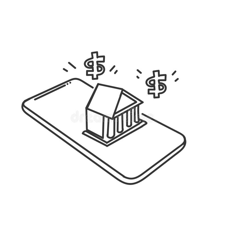 Hand Drawn Doodle Bank Building on Computer Laptop or Mobile Phone ...